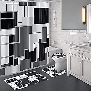 mamrug 4pcs Black Bathroom Shower Curtain Set,Modern Geometric with Non-Slip Rugs,U Shape Rug and Toilet Lid Cover Accessories,with 12 Hooks Waterproof Shower Curtains 72"x 72" Bathroom Decor