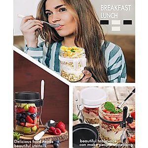 Overnight Oatmeal Lid，Overnight Oats Containers 4 piece set，Pickle Fork ，spoon，Suitable for mason jars and overnight oats jars(black White，Jars not Included)