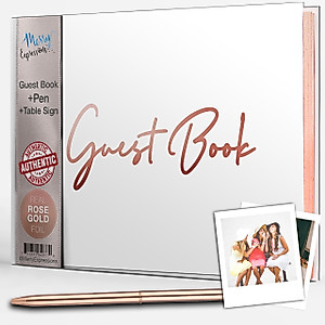 Merry Expressions Rose Gold Guest Book Wedding Reception with Pen & Sign - Polaroid Guest Book for Bridal or Baby Shower & Birthday Parties - Pink Foil Texture Guestbook, Gilded Pages 7"x9" inches