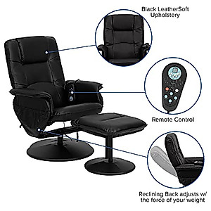 Flash Furniture Cason Massaging Adjustable Recliner with Deep Side Pockets and Ottoman with Wrapped Base in Black LeatherSoft