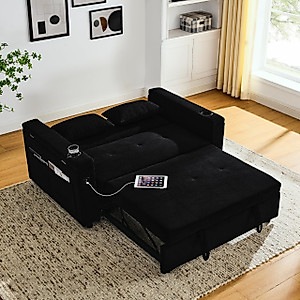 Linique 54'' Convertible Pull-Out Sleeper Sofa Bed with USB Power Outlet, Chenille Upholstered Sleeper Sofabed with Adjustable Backrest/Side Pockets/Cup Holders/Lumbar Pillows (Black)