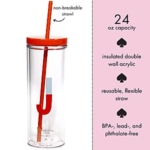 Kate Spade New York Insulated Initial Tumbler with Reusable Straw, 24 Ounce Acrylic Travel Cup with Lid, J (red)