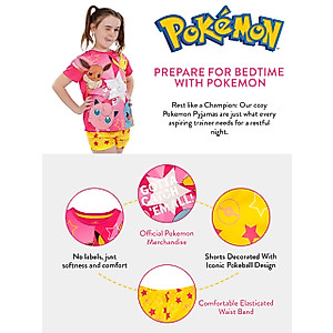 Pokemon Pajamas | Pikachu Pajamas For Girls | Eevee Girls Pajamas | Girls Pajama Set | Short Sleeve Girls' Sleepwear | 7 Multicolored