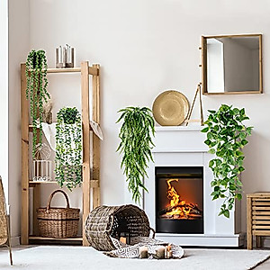 Sggvecsy Fake Hanging Plants 4 Pack Artificial Hanging Plants Fake Potted Greenery Faux Eucalyptus Vine String of Pearls Boston Fern Ivy Vine Leaves for Home Indoor Outdoor Shelf Wall Garden Decor