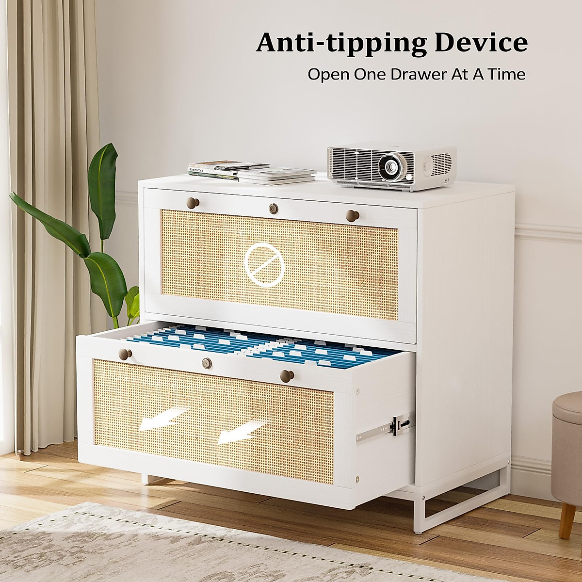 VINGLI White & Natural Rattan 2 Drawer Lateral File Cabinet with Lock, Wood Locking File Cabinets for Home Office, File Cabinet Printer Stand for Hanging Letter/Legal Size Folders, 30W x 16D x 28H