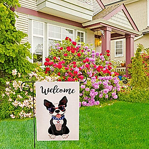 Ogiselestyle Welcome Garden Flag Double Sided Cute Boston Terrier Celebrating Yard Outdoor Flag 12 x 18 Inch