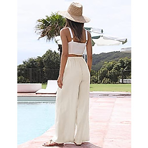 Faleave Women's Cotton Linen Summer Palazzo Pants Flowy Wide Leg Beach Trousers with Pockets(Apricot-XS)