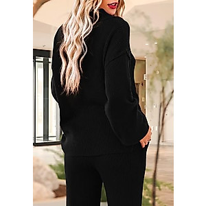 Pink Queen Women's 2 Piece Workout Set V Neck Button Pullover Sweater Top Wide Leg Pants Loungewear Sweatsuits Black L