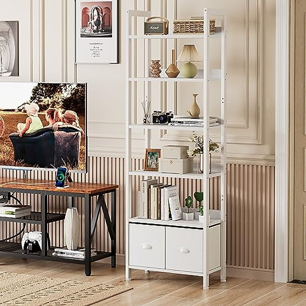 Furologee White 6 Tier Bookshelf with Drawers, Tall 71" Bookcase with Shelves, Modern Wood and Metal Book Shelf Storage Organizer, Display Free Standing Shelf Unit for Bedroom, Living Room, Office