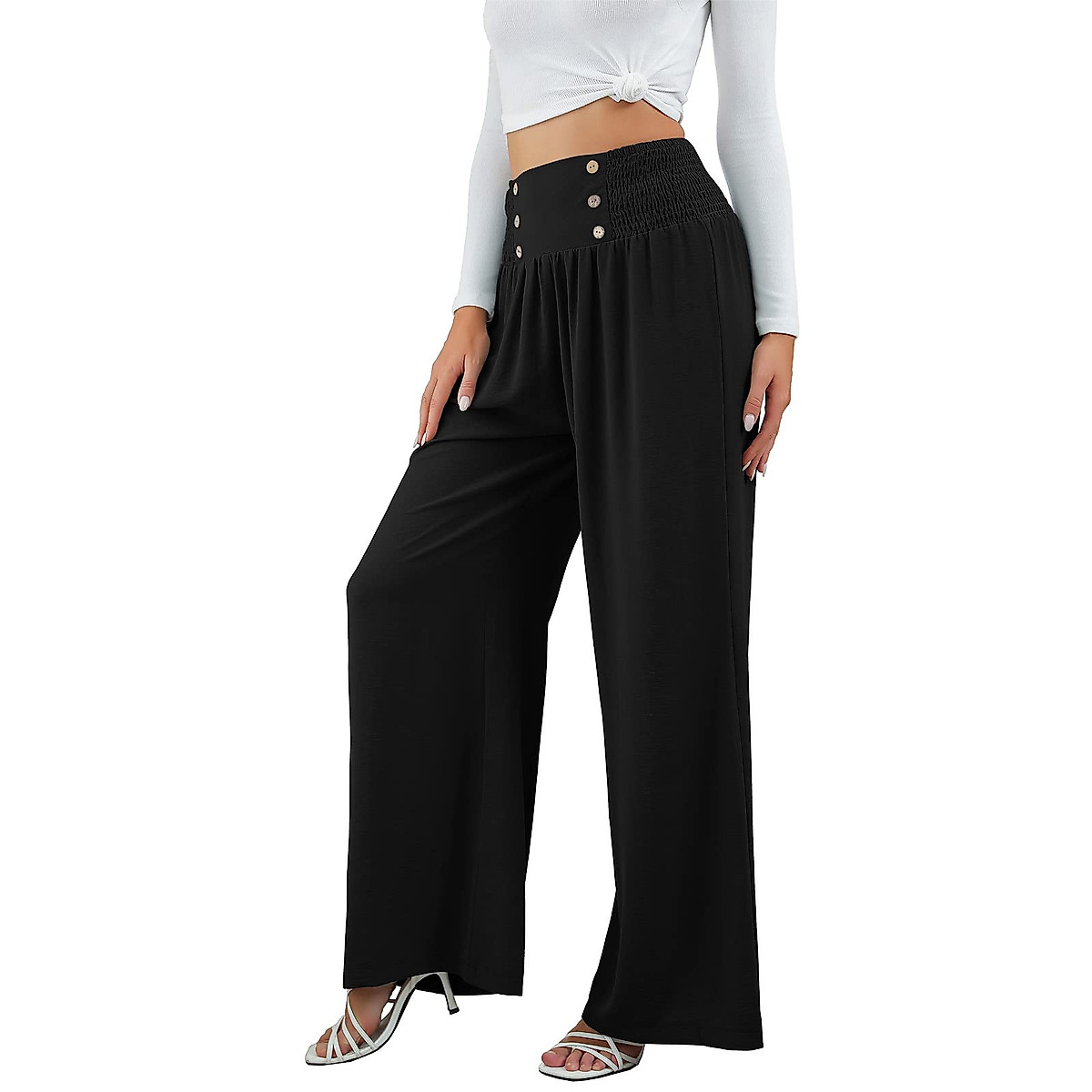 ODIZLI Palazzo Pants for Women Petite Wide Leg Trousers Women Elastic High Waist Wide Leg Dress Pants Flowy Beach Pants Boho Pants Casual Loose Lounge Trousers Linen Pants for Women Black XL