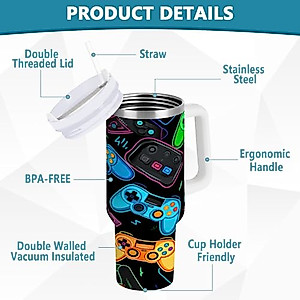 Jihqo Colorful Video Game Controllers 40 oz Stainless Steel Vacuum Insulated Tumbler with Handle and Straw Lid, Leakproof Water Bottle Double Wall Travel Mug Coffee Cup, Cupholder Friendly