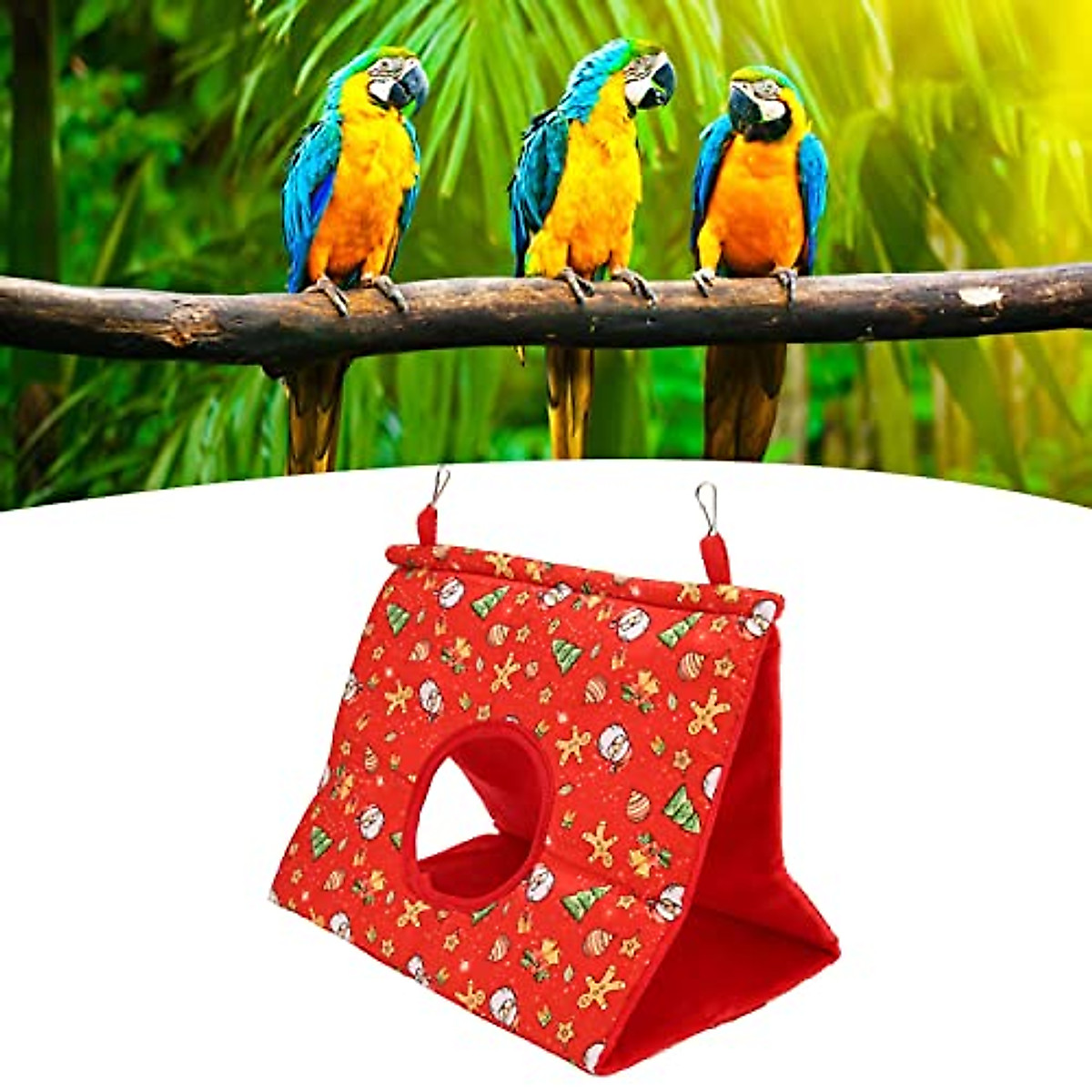 Pssopp Bird Snuggle Hut, Bird Hanging Hammock Tent Toy Bird Cave Hanging Tent Birds Hideaway Sleeping Bed Fuzzy for Resting Hiding Playing Red Christmas