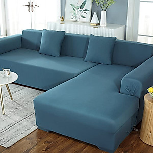 WAMBAS Solid Couch Cover Stretch L-Shaped Sofa Covers All Inclusive Solid 1.2.3.4 Seats Sofa Seat Cushion Covers -Peacock blue-4-seater