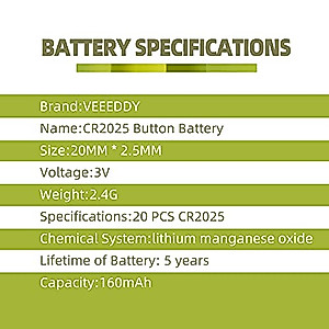 VEEEDDY CR2025 Battery 3v Lithium 2025 Battery Long Lasting cr2025 3v Lithium Battery for car Remote Key 20pcs