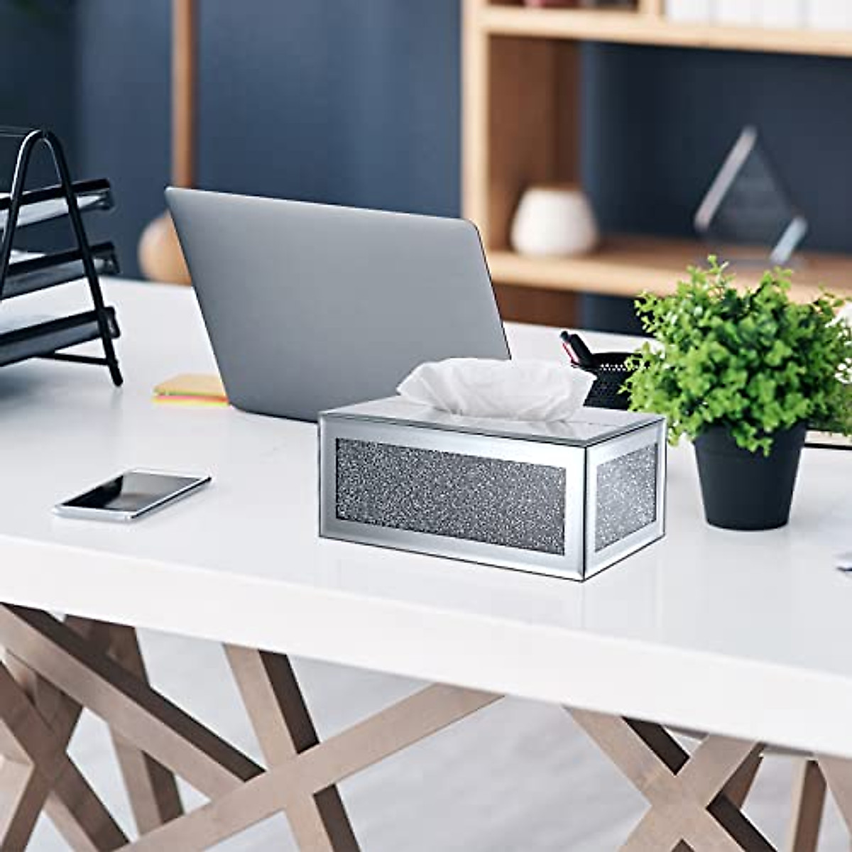 Sumnacon Crystal Tissue Box Cover - Decorative Glass Tissue Box Holder, Sparkling Facial Tissue Holder for Bathroom Living Room Dresser Night Stand Desk Table Office Home Decor, (10.2 x 6.3 Inch/Rectangular, Silver)