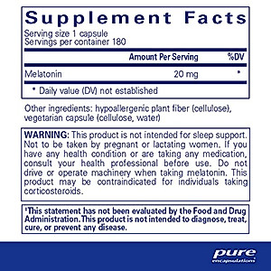 Pure Encapsulations Melatonin 20 mg | Supplement to Support Natural Sleep Cycles, Cells, and Tissues* | 180 Capsules