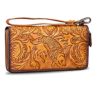 Genuine Leather Wallet Women's Zip Around Wristlet Long Purse Vintage Embossing Cowhide Capacity Handmade Clutch (Brown)