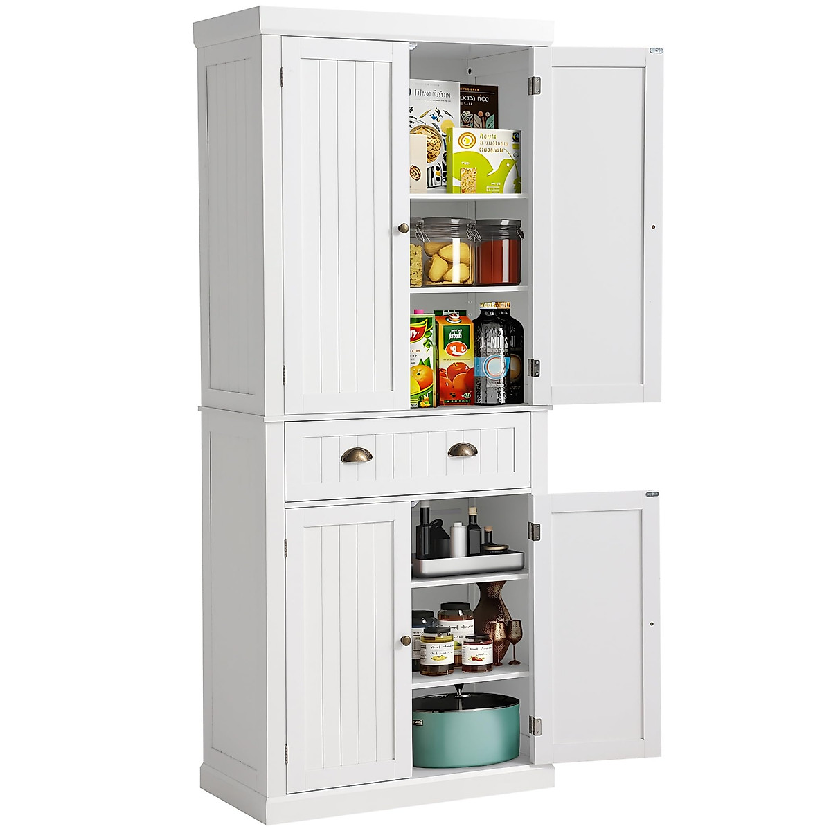 LOUVIXA 72" Kitchen Pantry Storage Cabinet, Freestanding Cupboard with 2 Cabinets, Drawer and Adjustable Shelves, Tall Storage Cabinet for Kitchen, Dinning Room, Living Room (White)