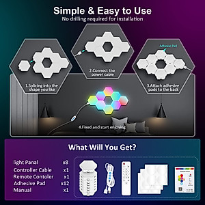 OJQ 8 Pack Hexagon Wall Light RGB Panel - Smart APP RGB Hexagonal Modular Gaming Light Music with Sync Honeycomb Shape Panels Hexagon Lights for Bedroom Children Room