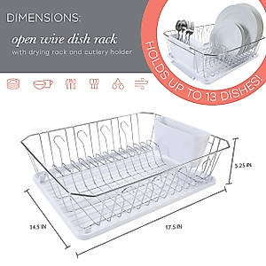 Kitchen Details 3 Piece Dish Rack | Drying Rack, Cutlery Basket & Drainboard Tray | Countertop | Self Draining | Open Wire Design | Chrome | White