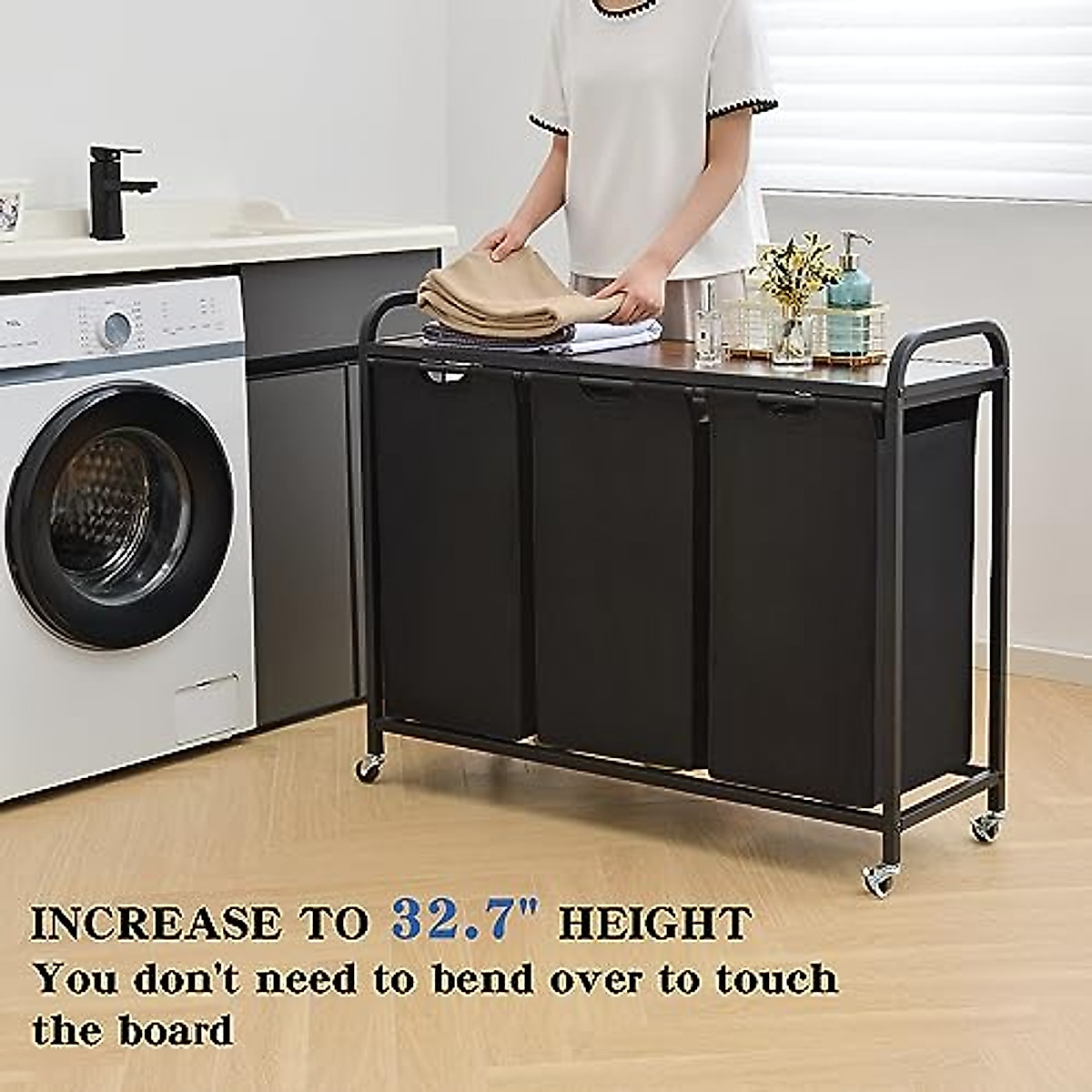 Lineware Laundry Hamper, Laundry Basket 3 Section, 3 × 12.7 Gal (144L), Laundry Sorter with Top Shelf, Upgrade larger Rolling Laundry Basket with 3 Pull-Out Organizer Bags and Wheels (B-BLACK)