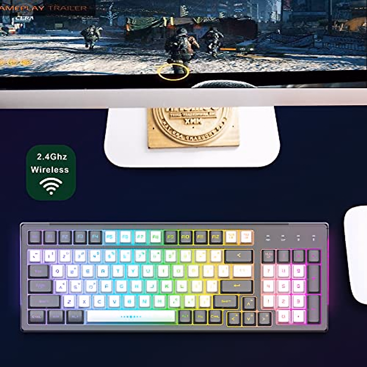 KOLMAX GK98 Wireless Gaming Keyboard,2.4G Rechargeable RGB Gaming Keyboard,RGB Backlit Ergonomic 98 Keys Mechanical Feeling Keyboard for Windows Mac PC Xbox PS4 Gamers(GreyWhite)