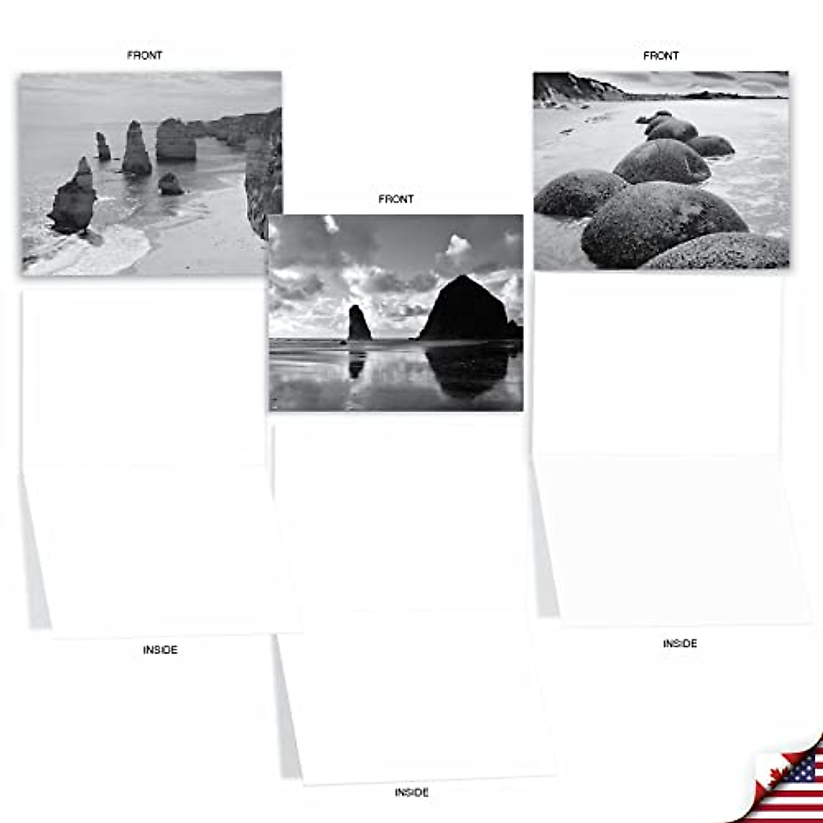 The Best Card Company - 10 Blank Note Cards with Envelopes (4 x 5.12 Inch) - Black & White Photos, Bulk Boxed Set - On the Rocks M3309