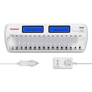 Tenergy TN438 16 Bay Battery Charger for AAA and AA Rechargeable Batteries, AA/AAA NiMH/NiCd Rechargeable Batteries Charger with AC Wall Adapter and Car Adapter