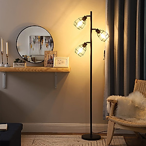 EDISHINE Industrial Floor Lamp for Living Room, Farmhouse 3-Light Tree Standing Lamp with 3 LED Bulbs & Adjustable Rotation Heads, Tall Vintage Pole Light for Bedroom, Reading Room, Office, Hotel