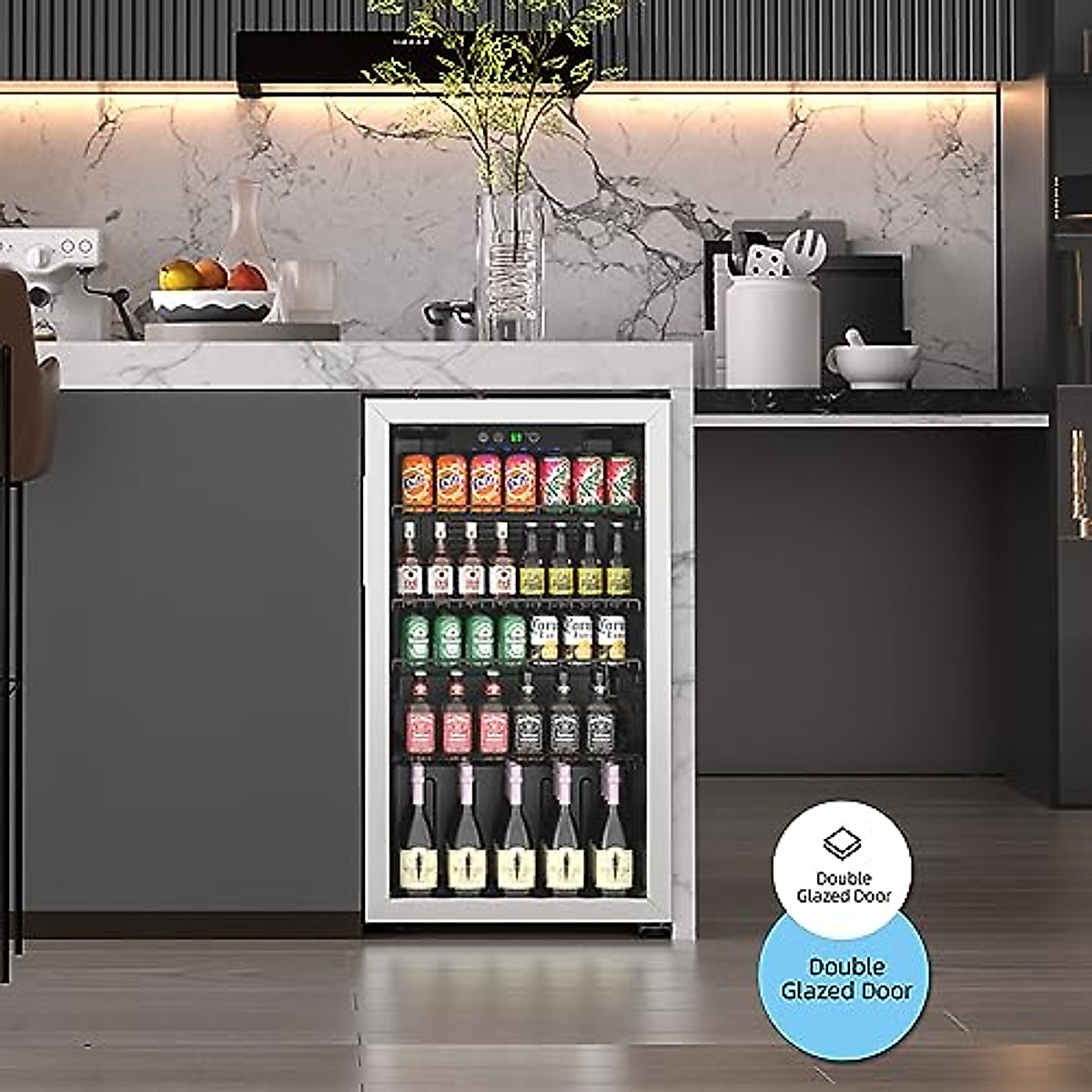 Erivess Compact Freestanding Beverage Refrigerator,126 Can Mini Fridge with Glass Front Door for Soda, Beer, or Wine, Under Counter Drink Dispenser with Adjustable Shelves and Digital Display