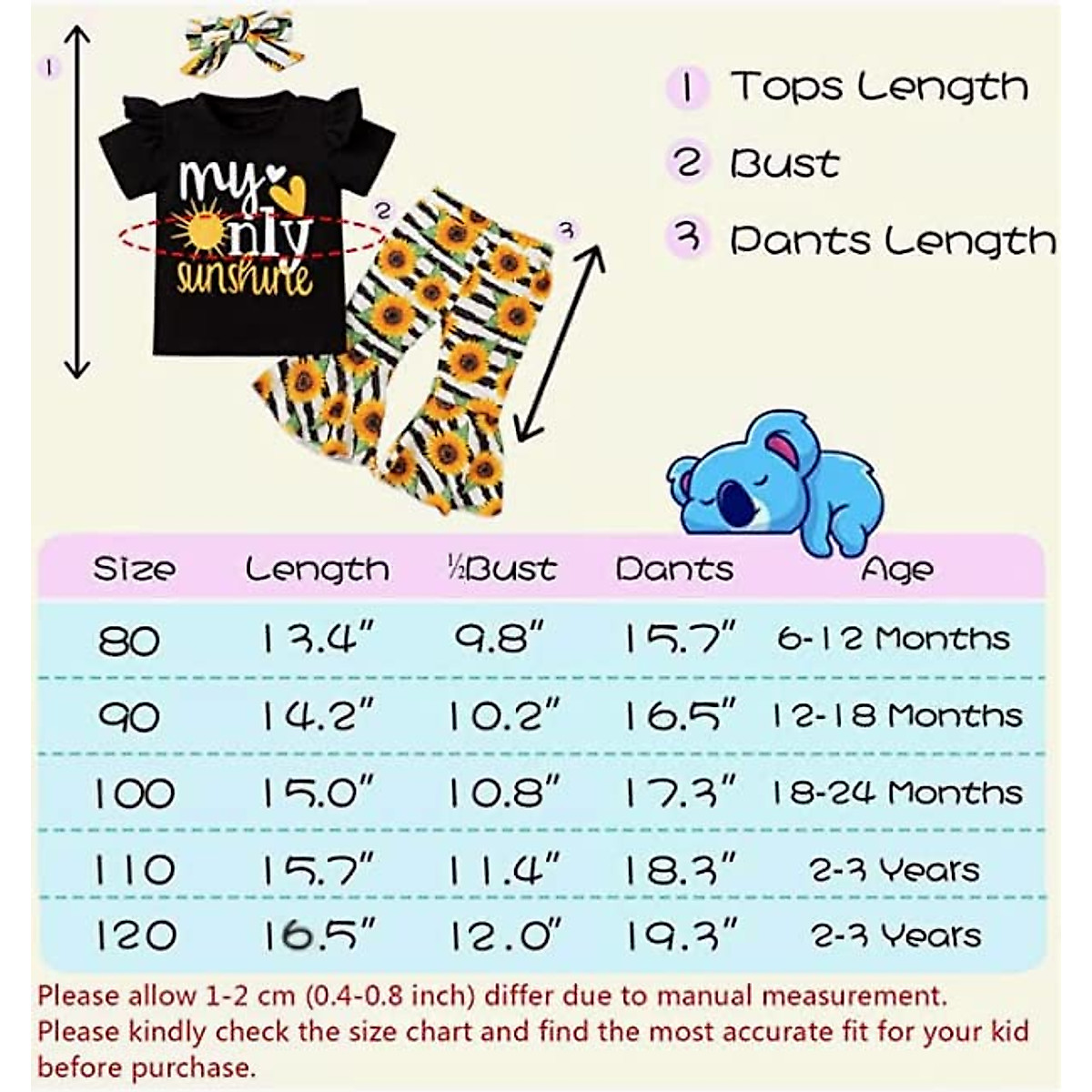 DREAM BUS Toddler Baby Girl Clothes Set My Only Sunshine Cute Ruffle Short Sleeve Top Sunflower Flared Pants Summer baby Girl Outfits 12-18Months