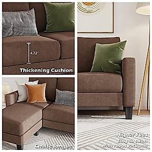 YESHOMY Convertible Sectional 3 L-Shaped Couch Soft Seat with Modern Linen Fabric, Small Space Sofas for Living Room, Apartment and Office, 70'', Brown