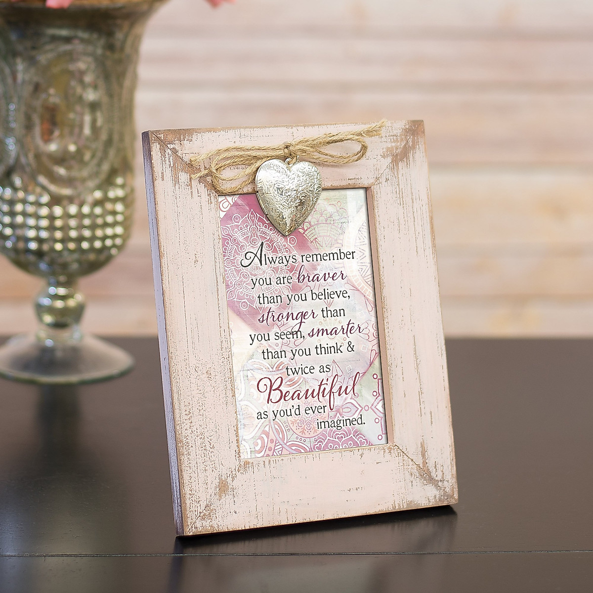 Cottage Garden Braver Stronger Beautiful Blush Pink Distressed Locket Easel Back Picture Frame