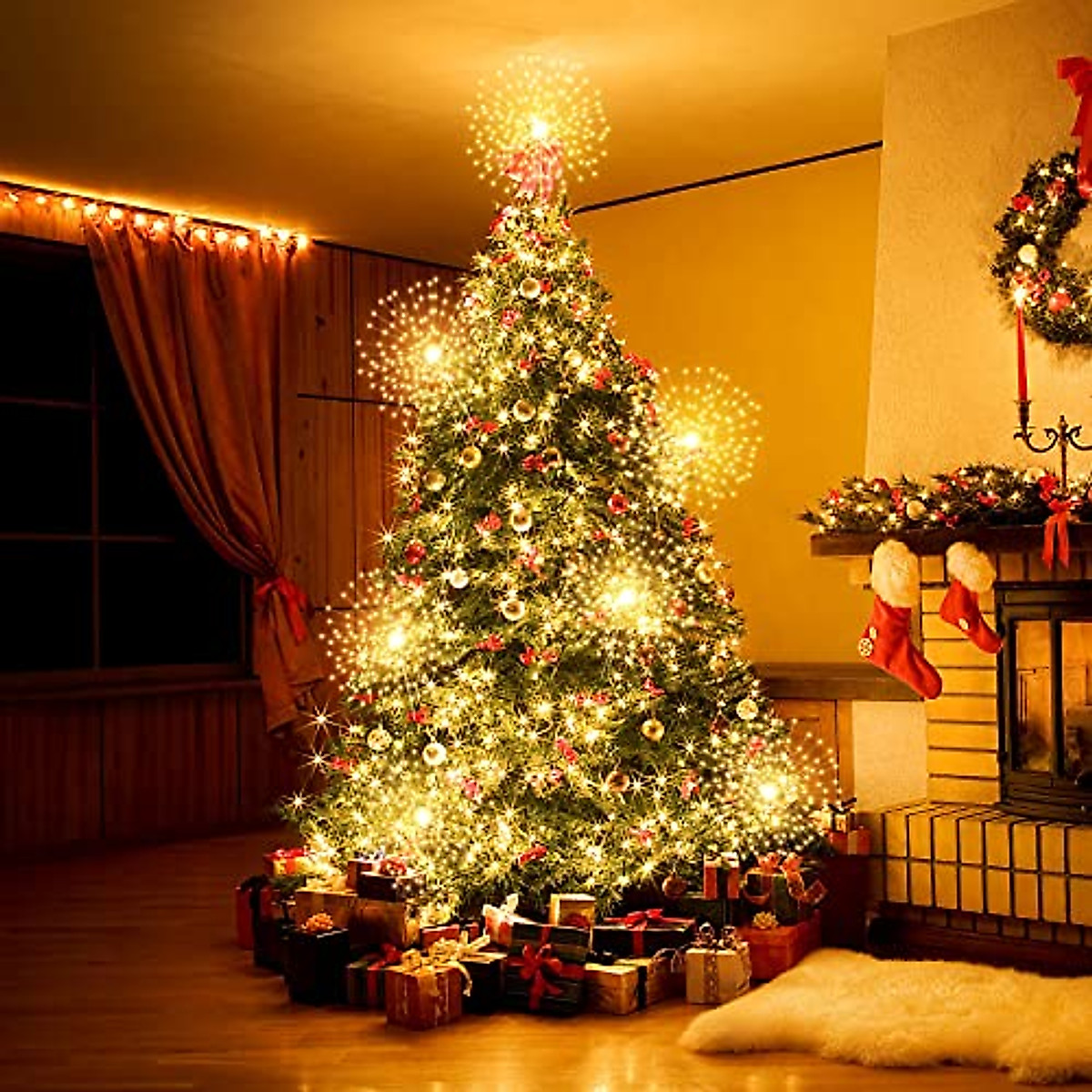 4 Pack Solar Firework Lights 480 LED With USB Charging Remote Starburst Lights 8 Modes Hanging Fairy Light Christmas Decorative Hanging Star Lights for Wedding Party Patio Garden Decoration Warm White