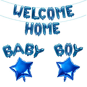 JumDaQQ Welcome Home Baby Boy Letter Balloon Banner with Star Foil Balloons for Newborn Baby Boy Baby Shower Welcome Home Family Party Decorations(Blue)