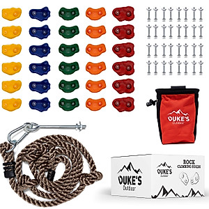Duke's Outdoor Rock Climbing Holds Set for Kids - 25 Rock Climbing Wall Grips for Indoor & Outdoor Play Set, 8 Foot Knotted Climbing Rope, Chalk Bag & 3 DIY Videos