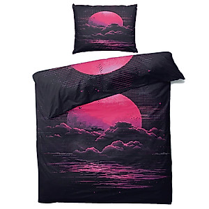 zcwl Vaporwave Duvet Cover Twin Size | Neon Moon Bedding Set | 2 Piece | Soft Microfiber Patterned Comforter Cover with Zipper Ties & 1 Pillowcase | Vaporwave Bedroom Decor