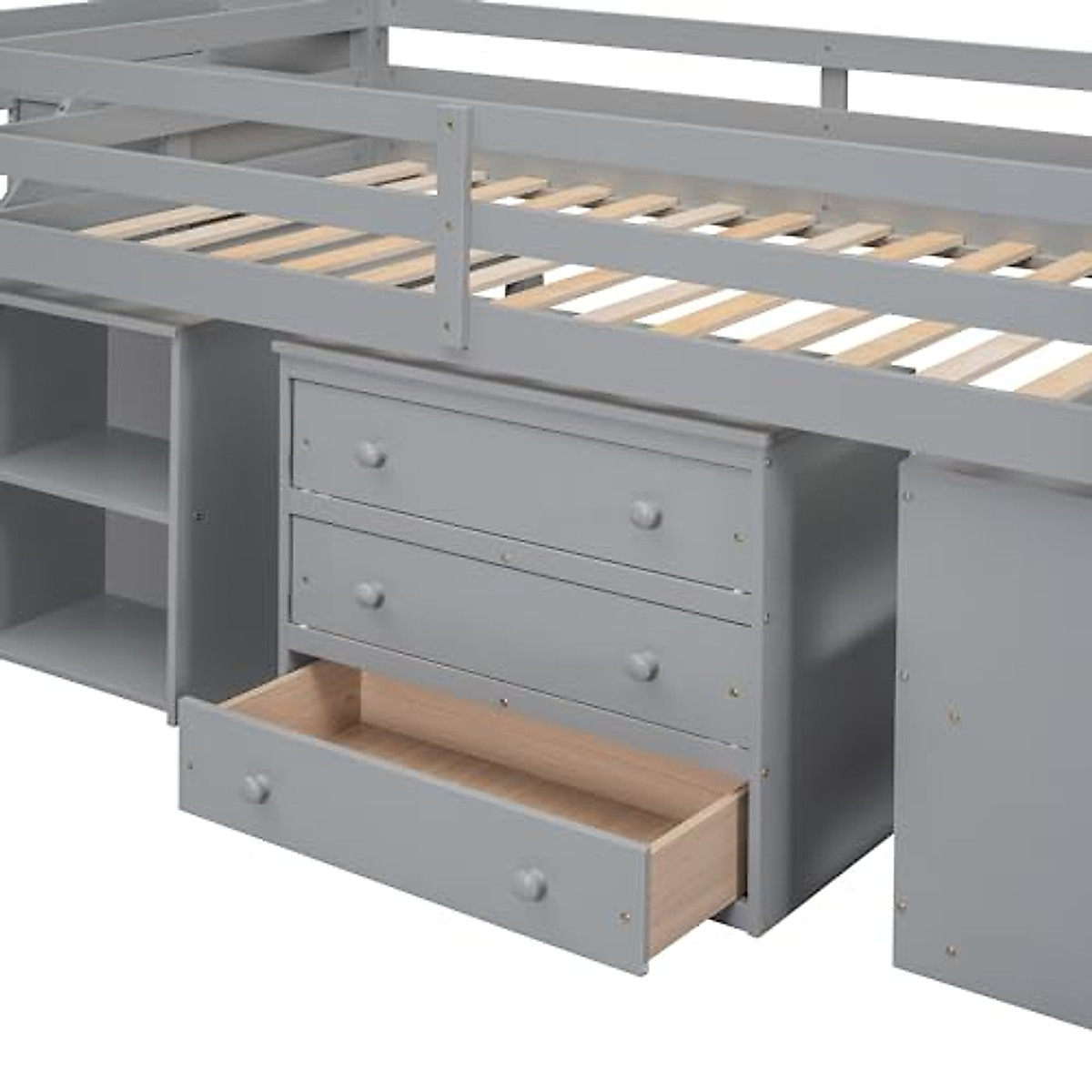VilroCaz Twin Size Low Loft Bed with Retractable Writing Desk and 3 Drawers, Wooden Loft Bed Frame with Storage Stairs and Shelves for Kids Teens Boys Girls, Sturdy Slats Support (Grey-SRT)