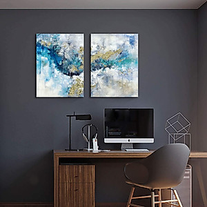 TAR TAR STUDIO Abstract Canvas Artwork Wall Art: White and Blue Painting Hand Painted Picture for Bedroom (18''W x 24''H x 2 PCS)