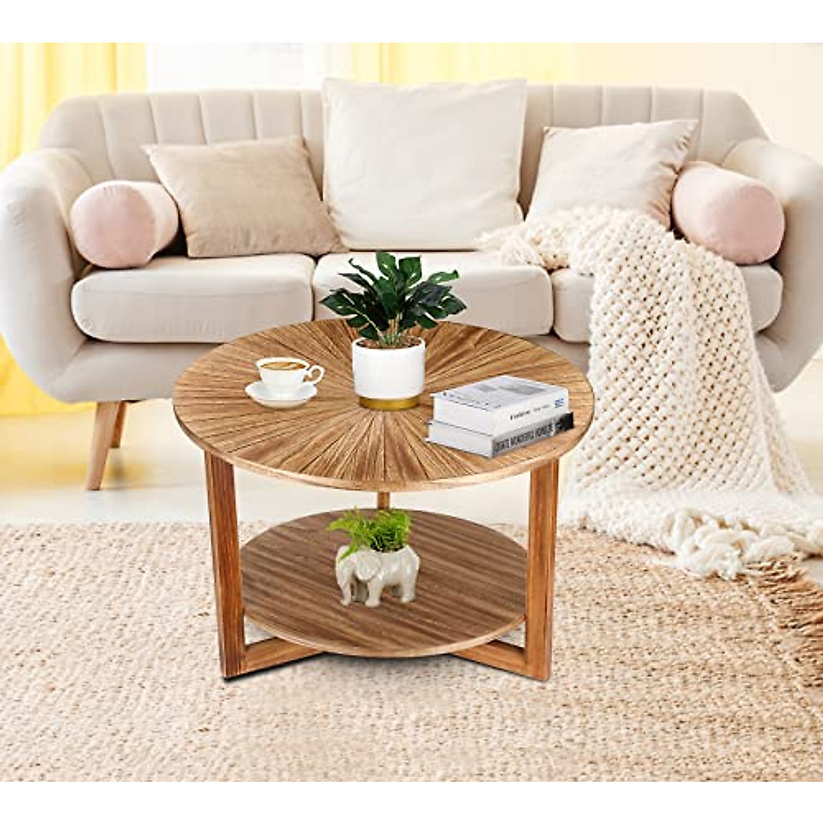 Coffee Tables for Living Room, Small Round Coffee Table with Storage, Mid Century Modern Solid Wood Coffee Table, Rustic Wooden Circle Center Table Living Room Furniture, Brown Tea Table