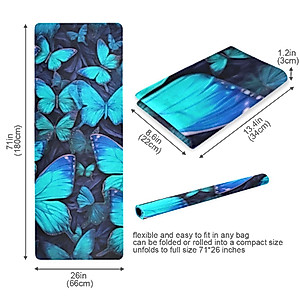 GOODOLD Blue Butterflies Yoga Mat, 71 x 26 Inch Non-slip Yoga Mats Folding Travel Exercise Mat Indoor Outdoor Gym Pilates with Storage Bag for Women Men
