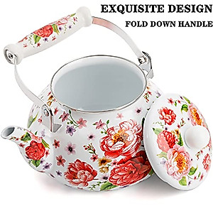 DEAYOU 2.6 Quart Enamel Tea Kettle Stovetop, Large Porcelain Enameled Teakettle, 2.5L Vintage Tea Pot with Ceramic Cool Handle, Colorful Floral Steel Teapot for Hot Water, Retro Decor, No Whistling