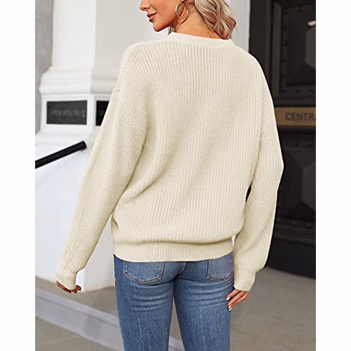 Cicy Bell Women's V Neck Sweaters Hollow Out Long Sleeve Casual Knit Pullover Jumper Tops White
