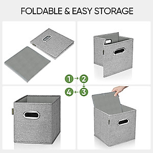 BALEINE Premium Foldable Cube Storage Bins, Collapsible Linen Fabric Cube Organizer with Aluminum Handles, 10.5" x 10.5" x11" Heavy Duty Cube Baskets, Winter Gray 4 Pack