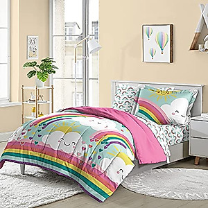 dream FACTORY Kids 5-Piece Complete Bed Set Easy-Wash Super Soft Microfiber Comforter Bedding, Twin, Teal Rainbow Flare, (2D872501TE)