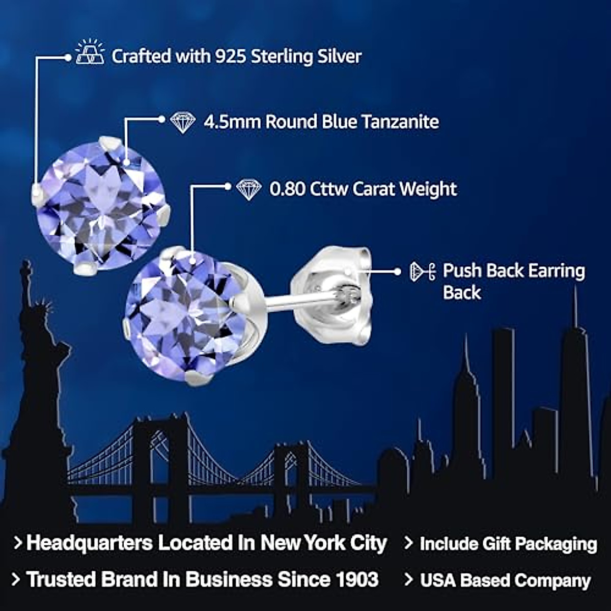 Gem Stone King 925 Sterling Silver Tanzanite Stud Earrings For Women (0.80 Cttw, Gemstone Birthstone, Round Cut 4.5MM)