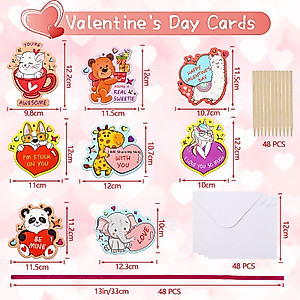 Whaline Valentine's Day Craft Scratch Paper Ornament Kit 48 Pack Cartoon Animal Art Rainbow Scratch Double-Sided Scratch Off Paper with Wooden Stylus Envelopes for Classroom Party Favor Decor