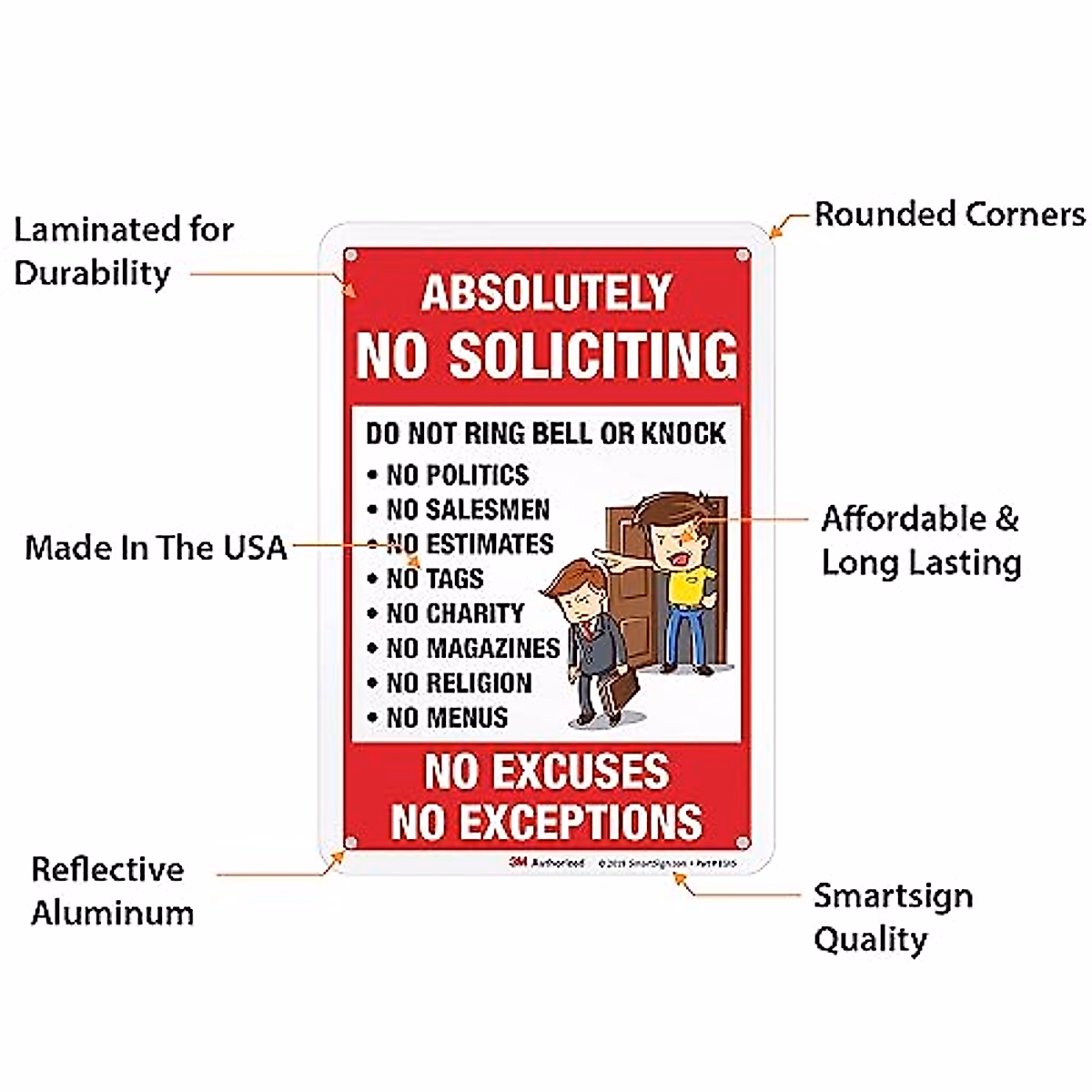 SmartSign 10 x 7 inch “Absolutely No Soliciting - Do Not Ring Bell Or Knock” Metal Sign with Graphic, 40 mil Aluminum, 3M Laminated Engineer Grade Reflective Material, Multicolor