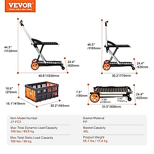 VEVOR Multi Use Functional Collapsible Cart, 198 lbs Capacity 2-Tier Folding Shopping Cart with Wheels, Collapsible Utility Cart with Storage Crate, 2 in 1 Hand Truck for Grocery/Luggage/Moving/Office
