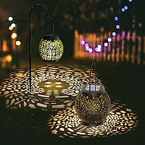 Solar Lantern Outdoor, 2 Pack Solar Hanging Lantern Lights with Shepherd Hooks, Solar Powered Lantern Waterproof with Handle, Christmas Decorative LED Garden Lights for Patio Courtyard Table Pathway